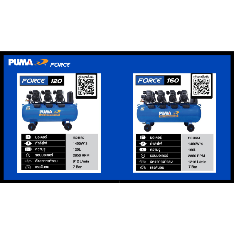 ปั๊มลมไร้น้ำมัน PUMA FORCE (FORCE 120) Oil Free ปั๊มลมโรตารี่ ปั๊มลม มี ...